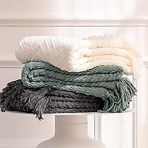 RECYCO Chenille Knit Throw Blanket for Couch, Versatile Decorative Woven Knit Chenille Blanket for Bed, Super Soft Warm & Cozy Knitted Throw Blanket with Tassels for Sofa, Chair. Sage Green, 50"x60"