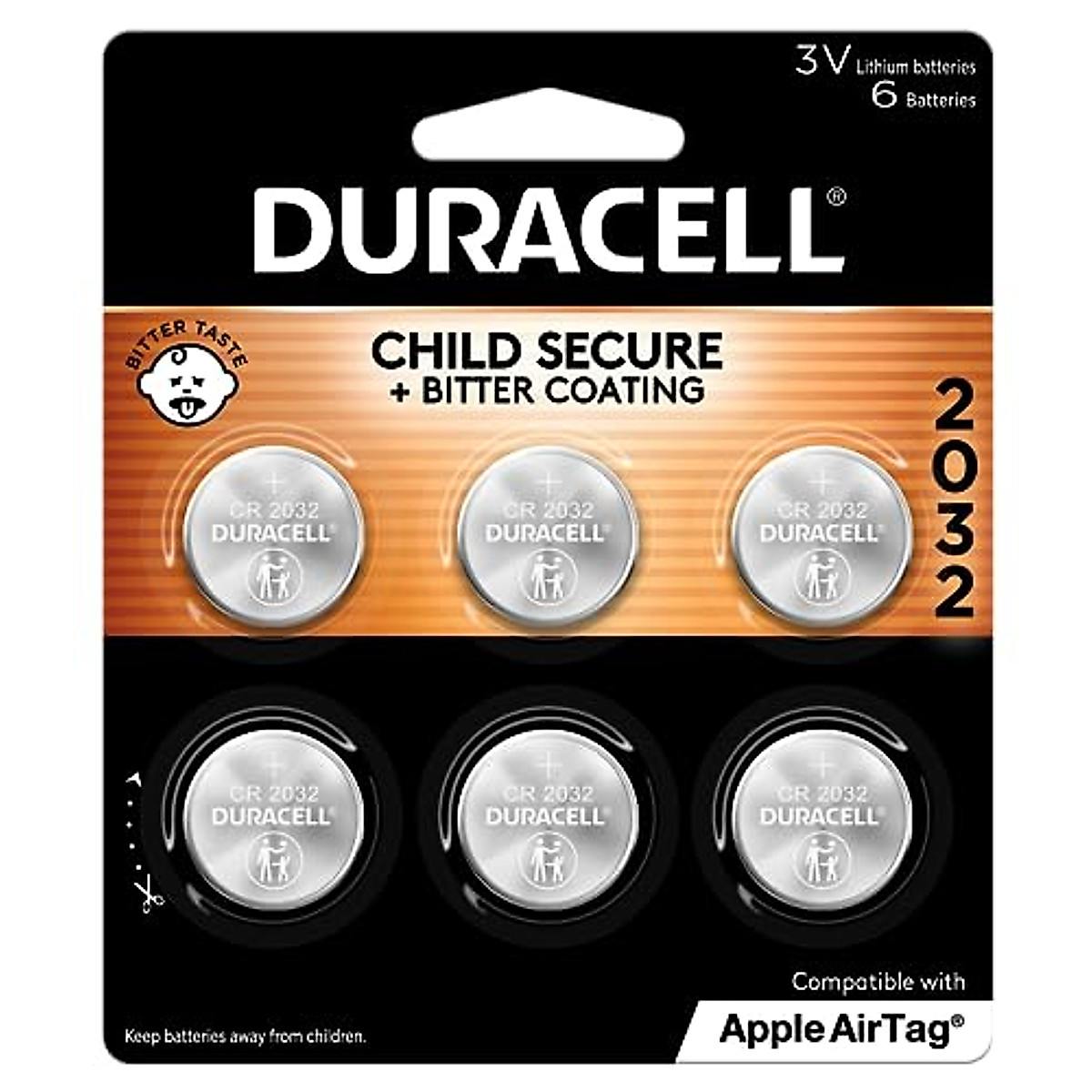 Duracell CR2032 3V Lithium Battery, Child Safety Features, 6 Count Pack, Lithium Coin Battery for Key Fob, Car Remote, Glucose Monitor, CR Lithium 3 Volt Cell