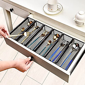 9 x 3 x 2 Inch Silverware Drawer Organizer, 6 Pcs Metal Mesh Drawer Organizer for Kitchen, Black Utensil Organizer, Silverware Tray with Interlocking Arm for Flatware Knives Forks and Spoons