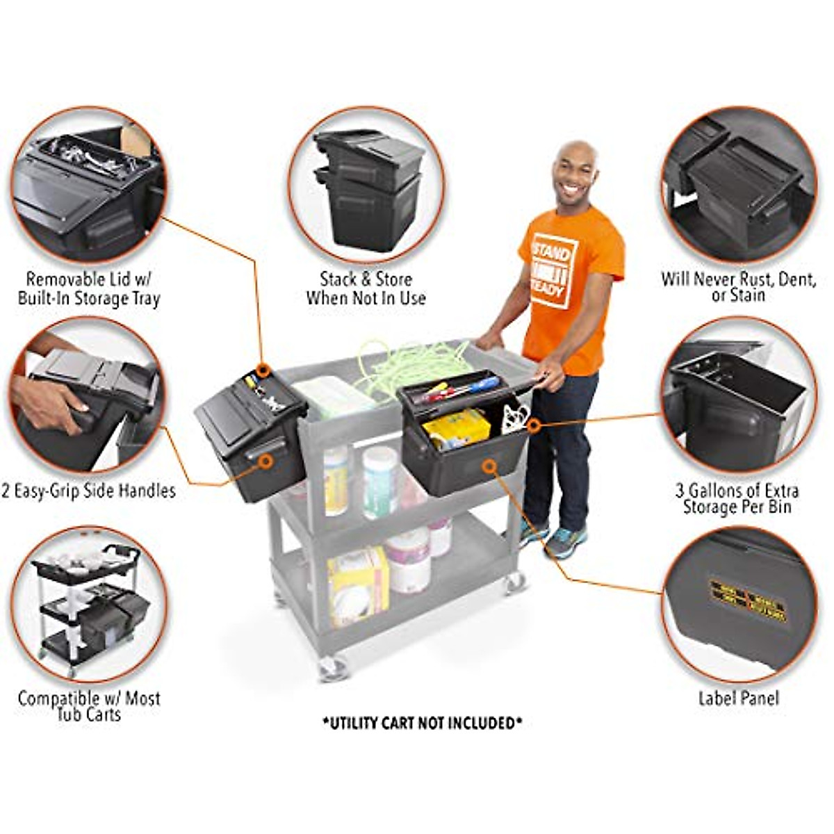 Tubstr Storage Bins for Utility Carts | 2 Attachable Plastic Tubs w/Removable Lids | 3 Gallon Bins Fit Most Utility Tub Carts | Easy Removable Storage for Tools & Supplies (Black /2-Pack/Bins Only)