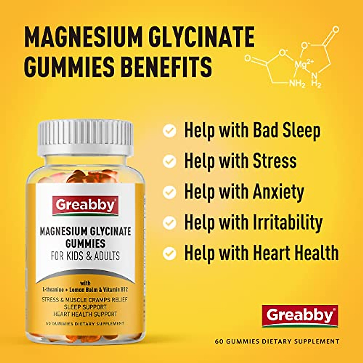 Magnesium Glycinate Gummies with Vitamin B12 - Magnesium Gummies chewable for Kids & Adults, L-Theanine for Cognitive, Magnesium Glycinate for Stress Relief, Sleep Support & Muscle Cramps(60Count)