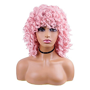 AIDUSA Short Loose Curly Wigs Big Curly Wig With Bangs Afro Wig for Black Women Fluffy Curly Pink Synthetic Wigs Black Women Wig Half Wigs for White Women Wavy Natural Wigs (Pink)