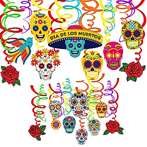 Supla 32 Pcs Day of The Dead Hanging Swirl Decorations Mexican Party Swirls Streamers Hanging Ceiling Décor with Assorted Sugar Skull Rose Bird Flower Cutouts for Día de Los Muertos Halloween Party