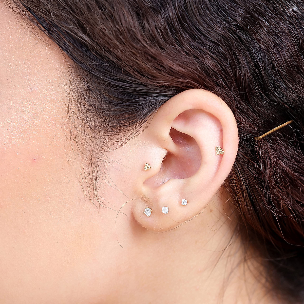 Round Natural Diamond Cartilage Tragus Solitaire Stud Earrings 14K Solid Yellow Gold Internally Threaded Screw Back (0.06 Cttw,Color G-H, Clarity - SI1-SI2) Upper Ear Piercings Jewelry For Men Women