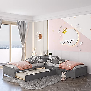 Harper & Bright Designs L-Shaped Corner Platform Beds with Trundle, Wood Twin Size Bed with 2 Drawers, Built-in Table for Family Kids Teens Bedroom Furniture, Grey