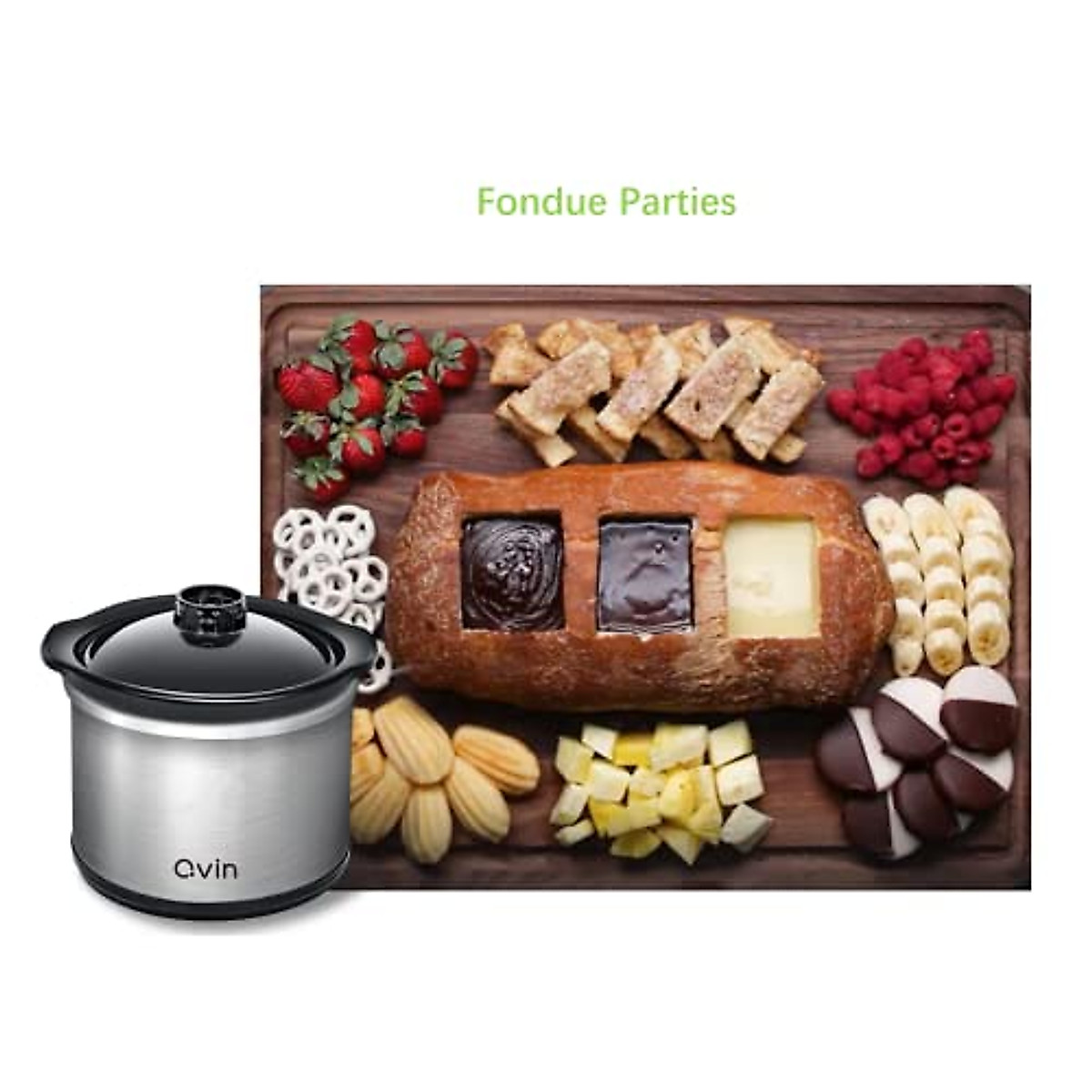 Qvin 0.65-qt Mini Round Slow Cooker 1pc + 10pcs Disposable Liners, Fondue Melting Pot Warmer with Dishwasher-safe Stoneware Crock, Glass Lid, Stainless Steel housing, BPA Free