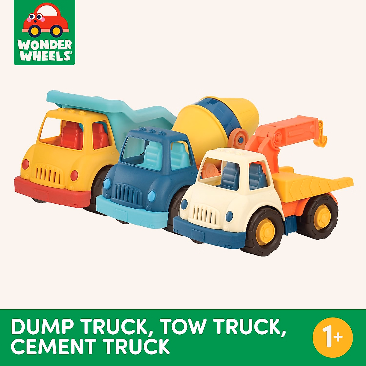 Battat- Wonder Wheels- 3-Piece Toy Truck Set – Dump Truck, Tow Truck, Cement Truck – Toy Construction Vehicles- Recyclable Materials – 1 year +