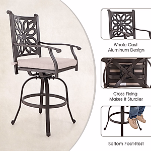 MFSTUDIO Cast Aluminum Bar Height Patio Dining Set of 7, Aluminum 54" Round Bar Height Table with Umbrella Hole and 6 Pieces Bar Height Swivel Stool, Brown