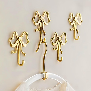 TIMCHESS 2Pcs 3.75 x 3.94 inches Gold Bow Hooks for Wall, Brass Bow Hooks Door Hanger, Decorative Towel Hooks Coat Hat Hooks, Bow Wall Decor for Bathroom Kitchen Living Room