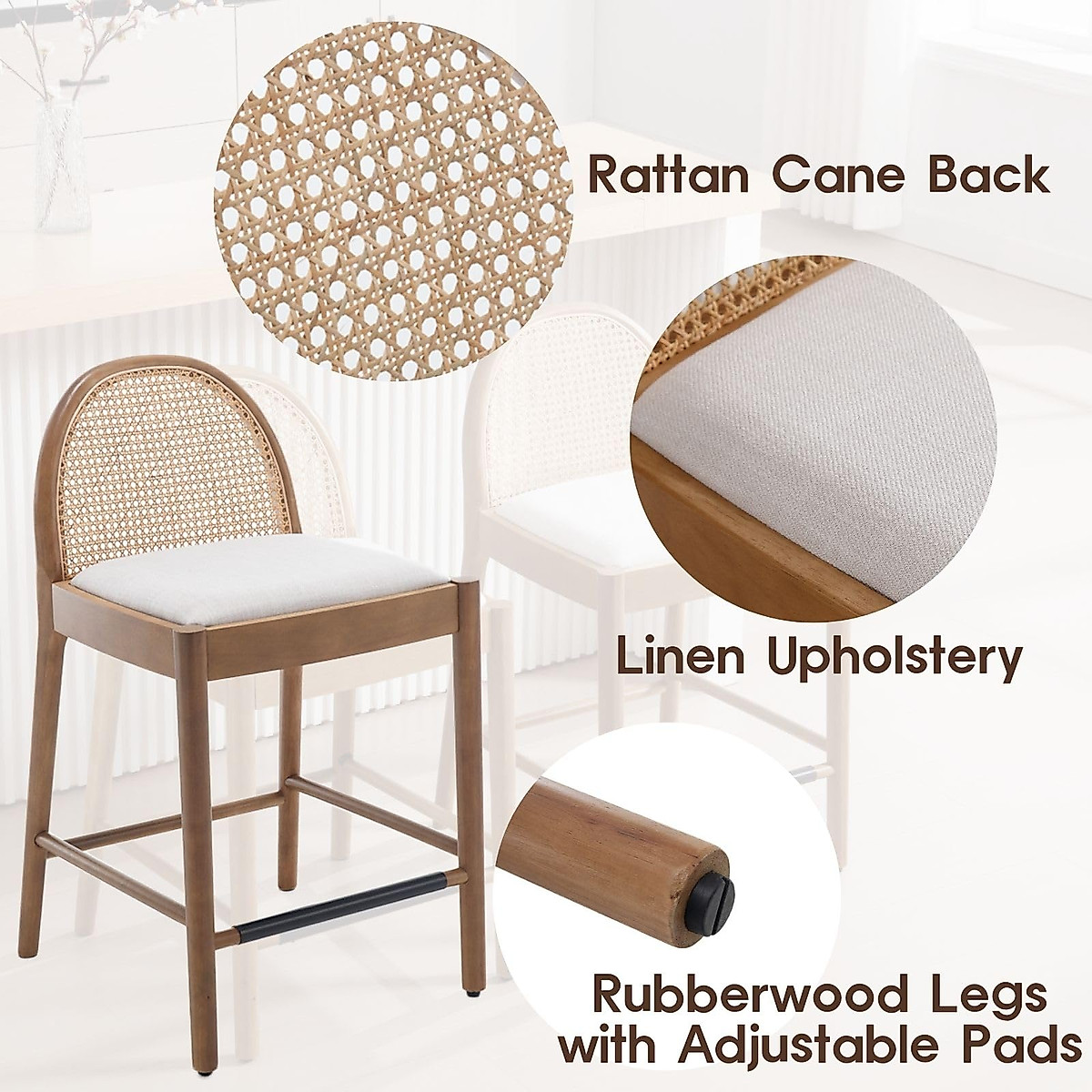 LukeAlon Modern Linen Counter Stools Set of 4, 26" Seat Height Low Bar Stools with Wooden Legs Natural Rattan Cane Back Counter Height Bar Chairs with Footrest for Home Pub Kitchen, Beige