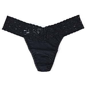 hanky panky, Supima Cotton Original Rise Thong with Lace, Black, One Size (4-14)