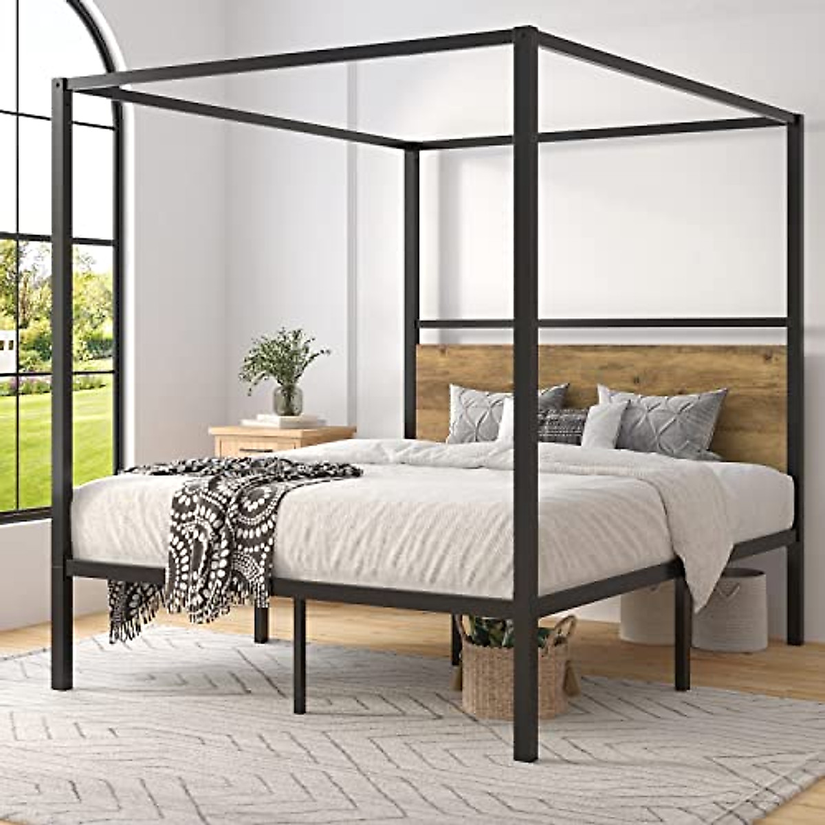 ikalido Queen Size Metal Canopy Bed Frame with Wooden Headboard, Classic Design Canopy Bed with 4 Sturdy Posters, Noise Free/No Box Spring Needed/Industrial Brown