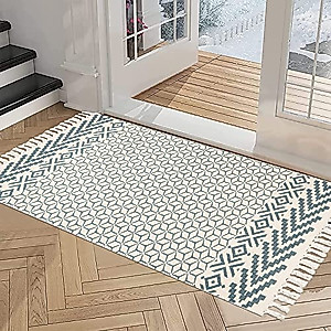 Pauwer Cotton Area Rug Set 2 Piece Washable Printed Cotton Rugs with Tassel Hand Woven Fringe Cotton Rug Runner for Kitchen, Living Room, Bedroom, Laundry Room, Entryway
