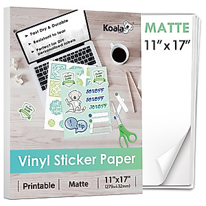 Koala Printable Vinyl Sticker Paper for Inkjet Printer 11x17 Inch - 10 Sheets Matte White Sticker Printer Paper, Waterproof Sticker Paper, Tear-Resistant, Removable