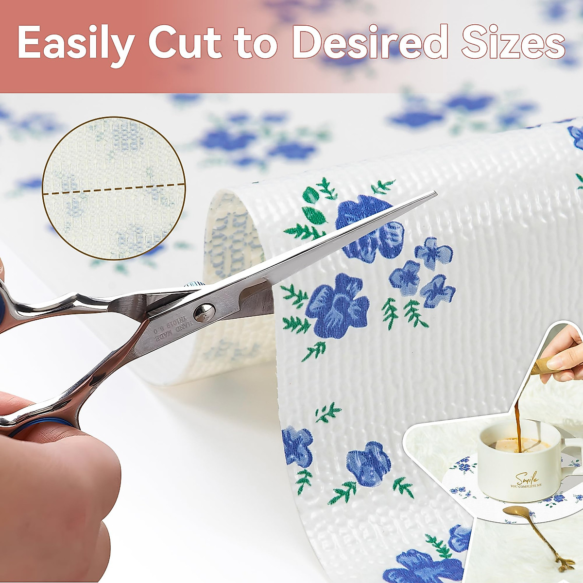 RAY STAR Shelf Liner, 18 Inch x 8 Feet Non Adhesive Blue Floral Kitchen Cabinet Liner for Pantry Drawer Vanity, Strong Grip Non Slip Waterproof, Shelf Liners for Kitchen Cabinets Cupboard