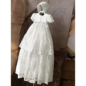 Newdeve Long Baptism Dresses for Baby Girls Christening Gowns Toddler with Bonnet White