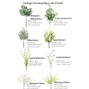 Serra Flora Artificial Greenery Spray Box Set(Pack of 50pcs) with 8 Kinds of DIY Wedding Bouquet Filler Table Centerpieces and Floral Arrangement (Spring Green)