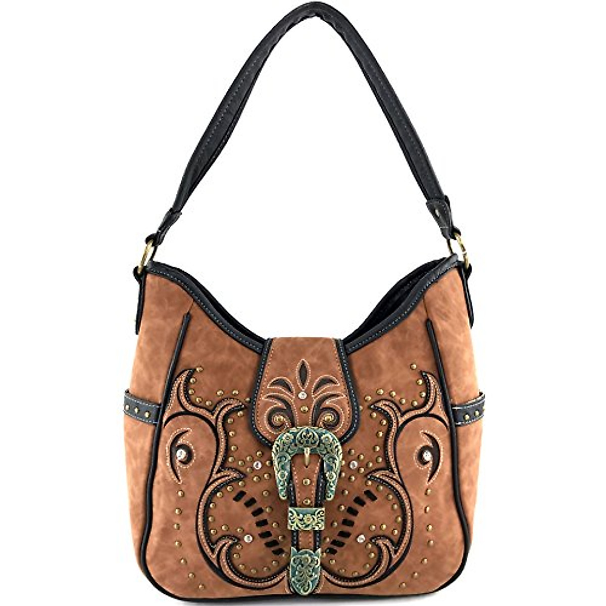 Justin West Patina Girl Western Bronze Floral Buckle Handbag Purse Tote and Strap Wallet (Brown Tote and Wallet)