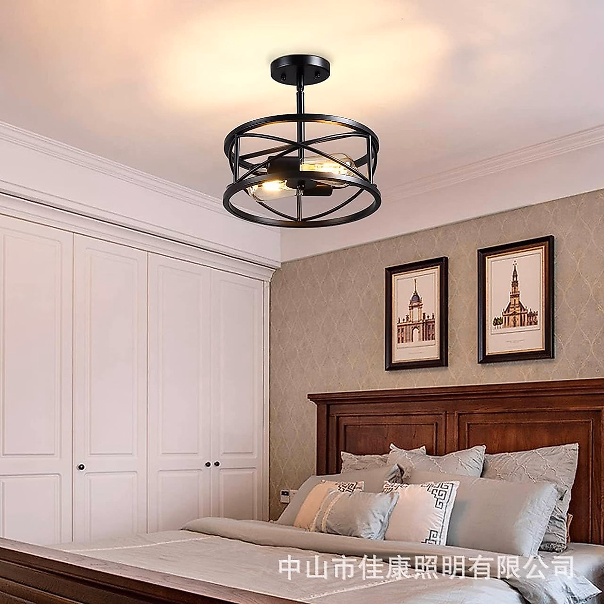 ZTGJMN 2-Light Semi Flush Mount Ceiling Light, 12-inch Industrial Modern Farmhouse Lighting Fixture with Metal Cage, Black Retro Ceiling Lampfor Hallway, Bedroom, Kitchen, Entrance