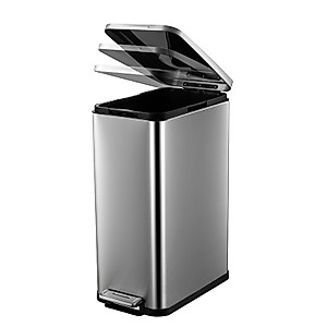 WELYFE 13 Gallon Tall Kitchen Garbage Can, Hands-Free Stainless Steel Trash Can, Slim Rectangular Fingerprint-Resistant Soft Close Kitchen Trash Can with Lid, Silver