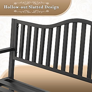 Athena Collection Patio Garden Bench with Pullout Middle Table Garden Bench with Back Metal Slatted Bench with Armrest Outdoor Bench Chair Patio Furniture for Porch, Park, Garden, Farmhouse, Black