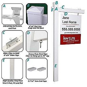 Kdgarden Vinyl PVC Real Estate Sign Post 6ft. Tall (4"x 4"x 72") Realtor Yard Sign Post for Open House and Home for Sale, 36" Arm Holds Up to 24" Sign, White with Flat Cap(No Sign)