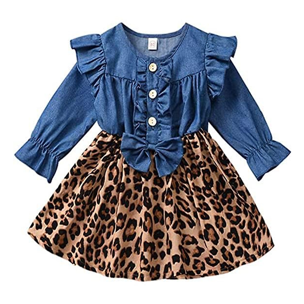 Toddler Baby Girl Long Sleeve Fall Dress Infant Denim Leopard Ruffle Dresses Cheetah Outfit, Blue, 2-3T