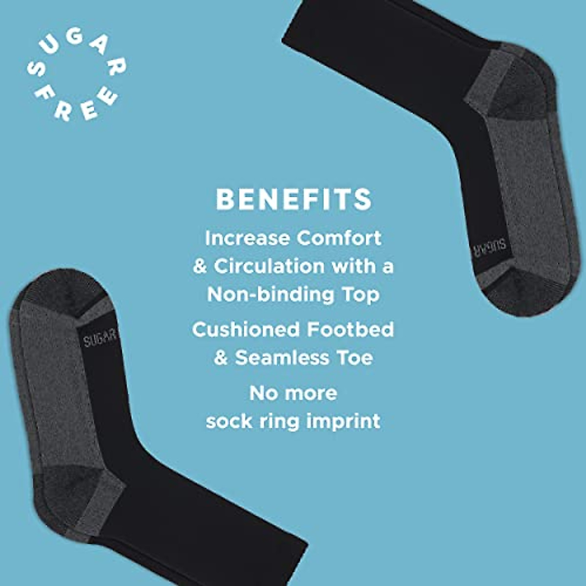 Sugar Free Sox Active-Fit Womens Cushioned Diabetic Crew Socks 3 Pack (Black, 9-11)