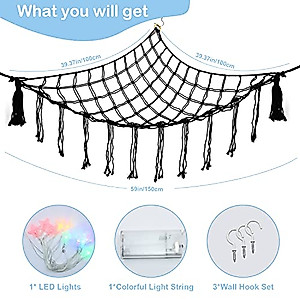 Stuffed Animal Net Or Hammock With Led Light, Animal Hammock Corner Holder, Toy Plush Net Wall Hanging Net Storage Ideas Organizer, For Nursery Play Room Kids Bedroom (Black)