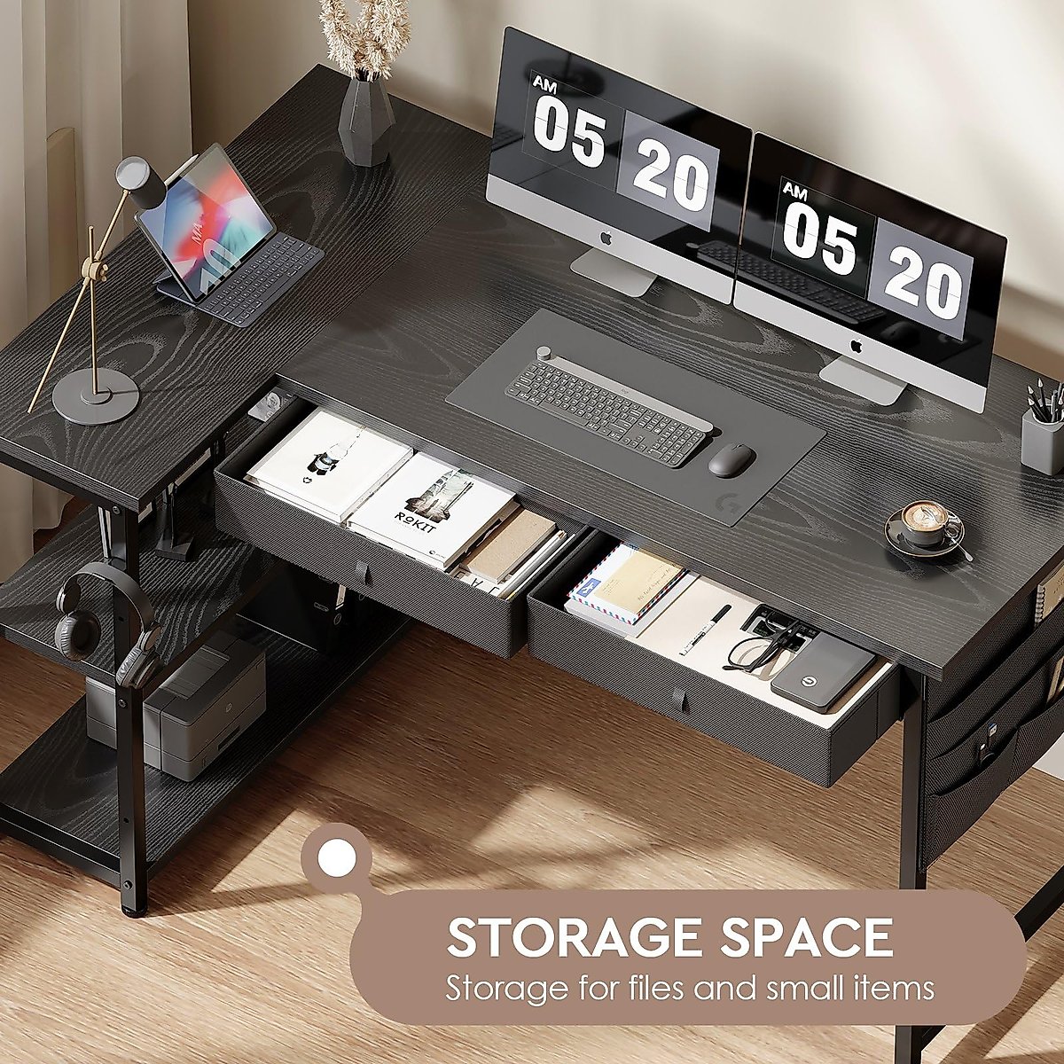 Ｍａｉｈａｉｌ Maihail Home Office Desk with Drawers and Shelves, 47” Computer Corner Desk for Small Space, Small L Shaped Desk with Side Storage for Bedroom, Black