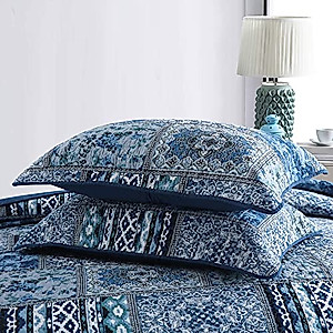 Blue Bohemain Bedspread King Quilt Set, 100% Cotton Coverlet King, Reversible Rustic Patchwork Printed Bedding Quilt Coverlet, 3 Pieces Boho Cotton Quilt Set for All Season King for Summer 94”x106“”