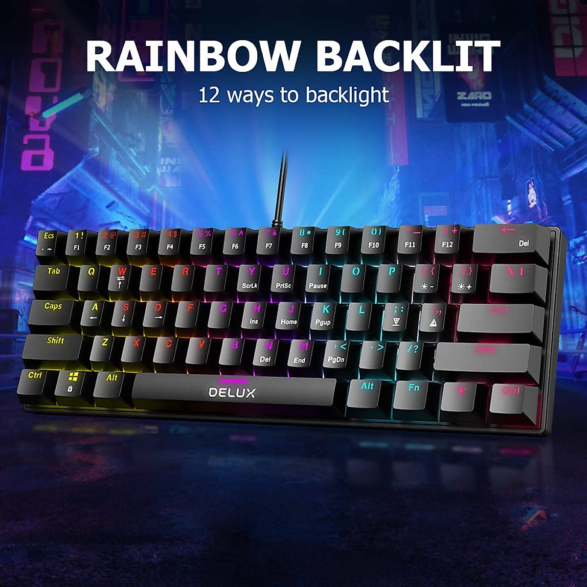 DeLUX 60% Mechanical Keyboard with Clicky Blue Switches, RGB Rainbow Backlit, 61 Keys and 21 Keys Anti-Ghosting, Wired 60 Percent Mini Gaming Keyboard for PC Computer Gamer(KM36-Black)