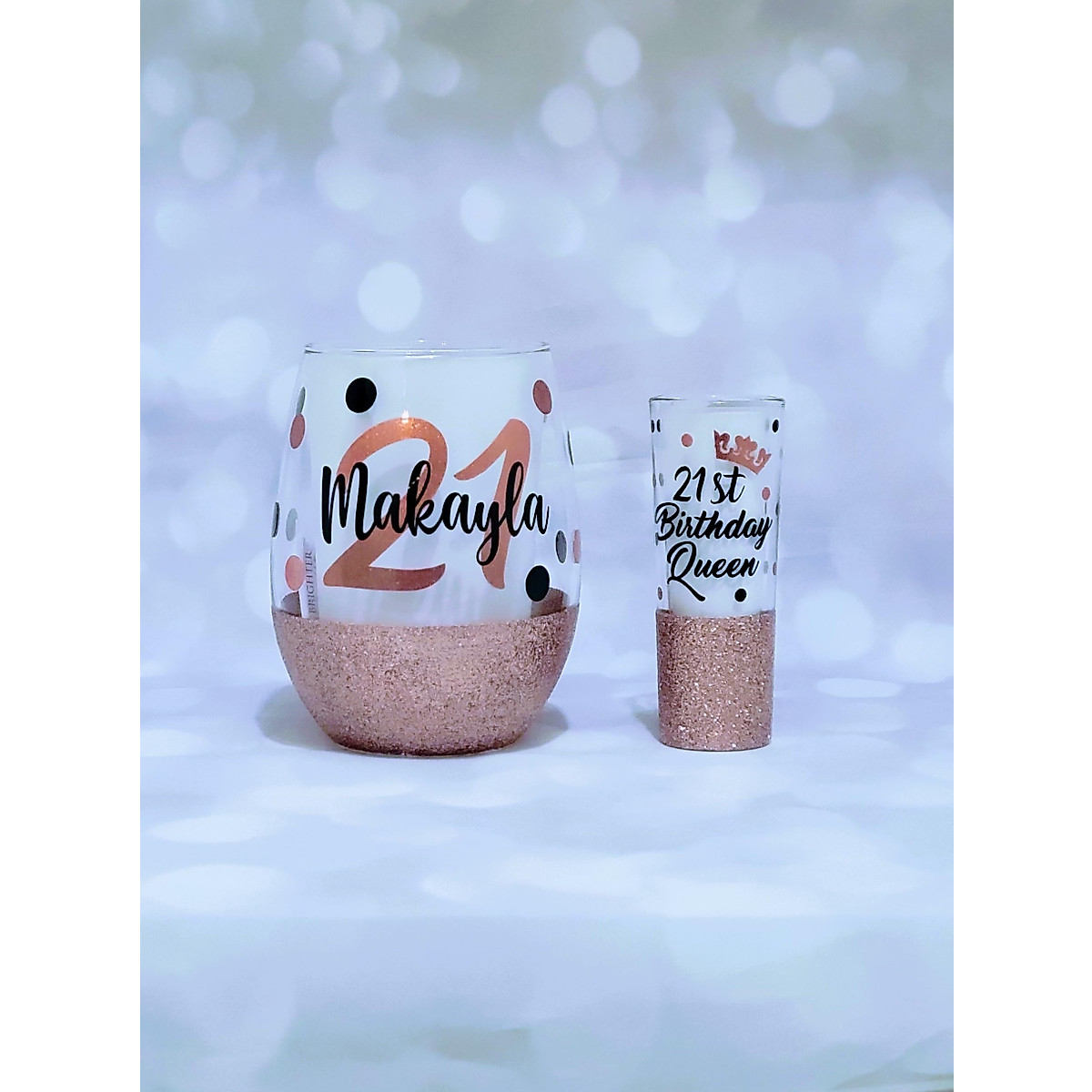 Glitter Birthday Wine Glass, Glitter Birthday Shot Glass, Age + Name (Wine + Shot)