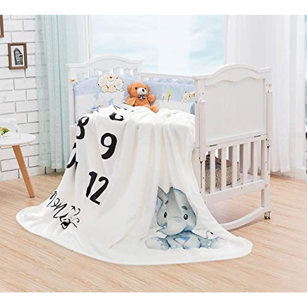 Baby Monthly Milestone Blanket - Organic Plush Fleece Photography Background Prop for Boy Girl Newborn Soft Elephant Blanket with Frame Large 47''x40''