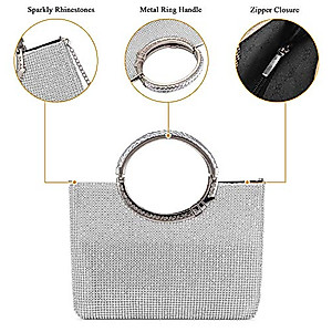 UBORSE Rhinestones Crystal Clutch Evening Bags for Women Ring Handle Wedding Party Clutch Purses Cocktail Prom Handbags Silver