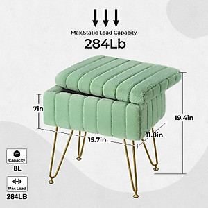 Greenstell Vanity Stool Chair Faux Fur with Storage, 15.7"L x 11.8"W x 19.4"H Soft Ottoman 4 Metal Legs with Anti-Slip Feet, Furry Padded Seat, Modern Multifunctional Chairs for Makeup, Bedroom,Green