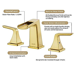 NEWATER Waterfall 8-Inch Widespread Two-Handle Bathroom Sink Faucet Three Hole Lavatory Faucet with Metal Pop-up Drain Assembly & Supply Lines，Brushed Gold