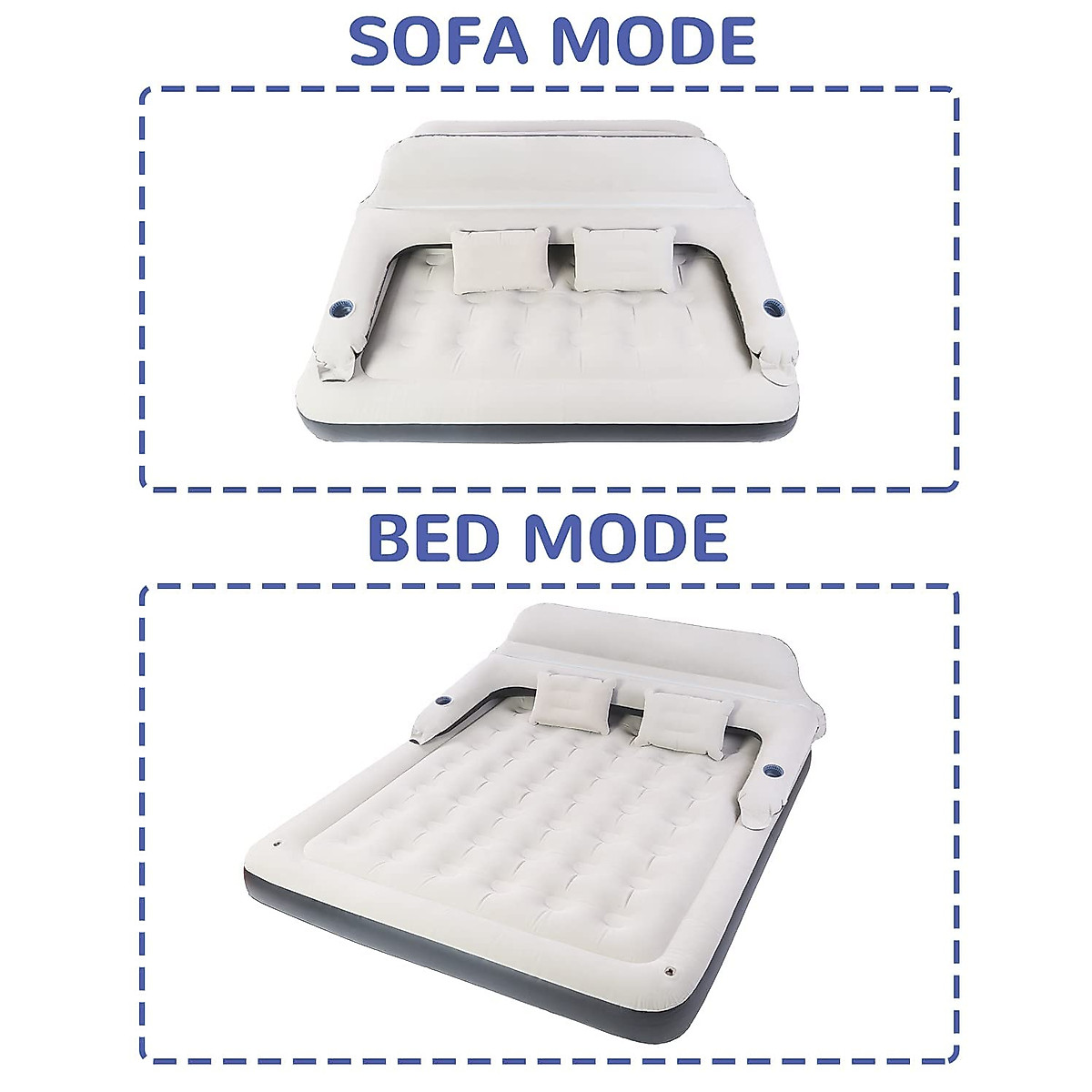 JEAOUIA Queen Air Mattress for Tents Camping - 9" Raised Portable Double Inflatable Couch with Soft Backrest Patch Kit - Blow Up Bed for Car Travel/Overnight Outdoors/Family Leisure