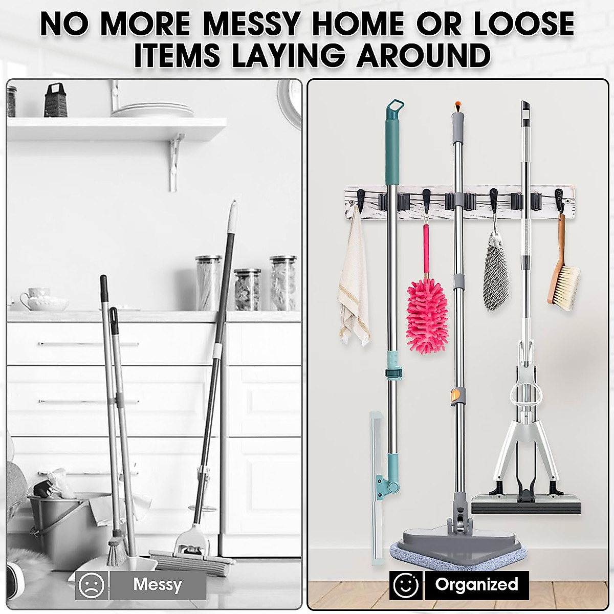 Mop and Broom Holder Wall Mount-Rustic Wood Broom Hanger Wall Mount | Laundry Room Decor-Broom Organizer Wall Mount-Garden Tool Organizer Closet Garage Farmhouse Kitchen Deco(White-3slots/4hooks)