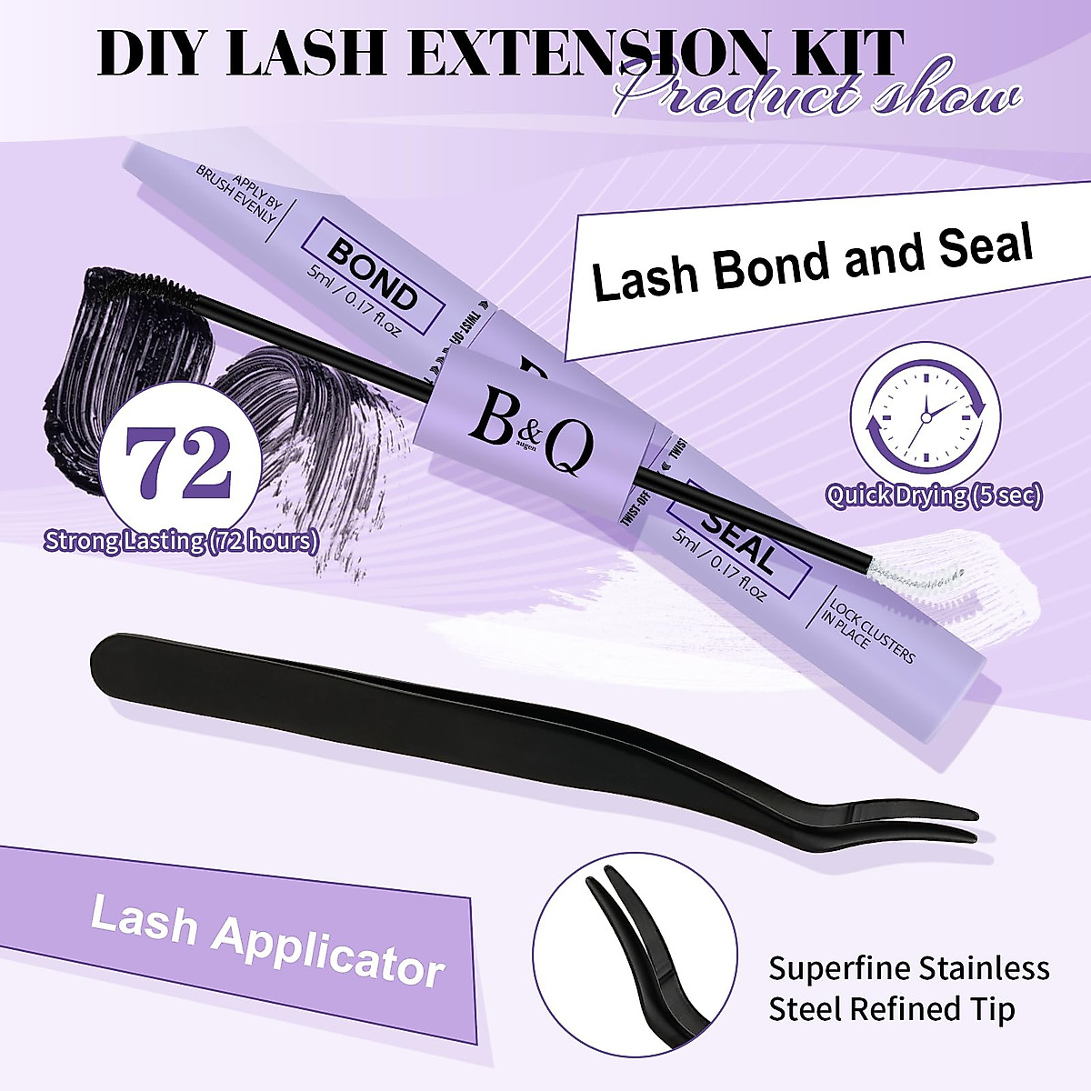 DIY Lash Extension Kit Individual Eyelash Extension Kit B&Q D Curl Cluster Lashes Individual Eyelashes with Lash Bond and Seal, Lash Applicator Tool DIY Lash Extensions at Home (Kit,40D-0.07D-8-18mix)
