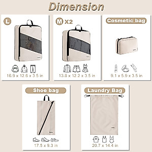 Compression Packing Cubes for Suitcases, 6 Set Large Travel Luggage Organizer Bags with Drawstring Laundry Bag, Toiletry Bag & Shoe Bag for Travel Essentials (Beige)