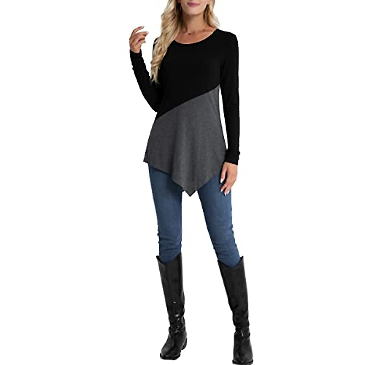 DJT Women's Long Sleeve Tunic Shirts Scoop Neck Hanky Hem Color Block Stretch Casual Fall T Shirt Tops XL Black Heather Grey