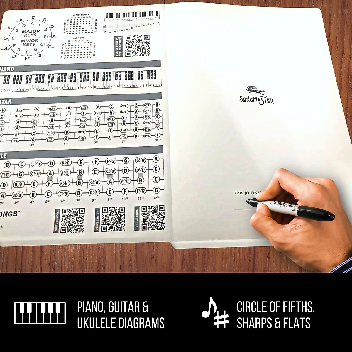 Songmaster Songwriting Journal 8.5x11 in • Crazy Horse Vegan Leather Music Notebook • 180 Page Hardcover Music Staff Paper Manuscript Paper Notebook Music Journal • 150 Free iVideosongs Lessons