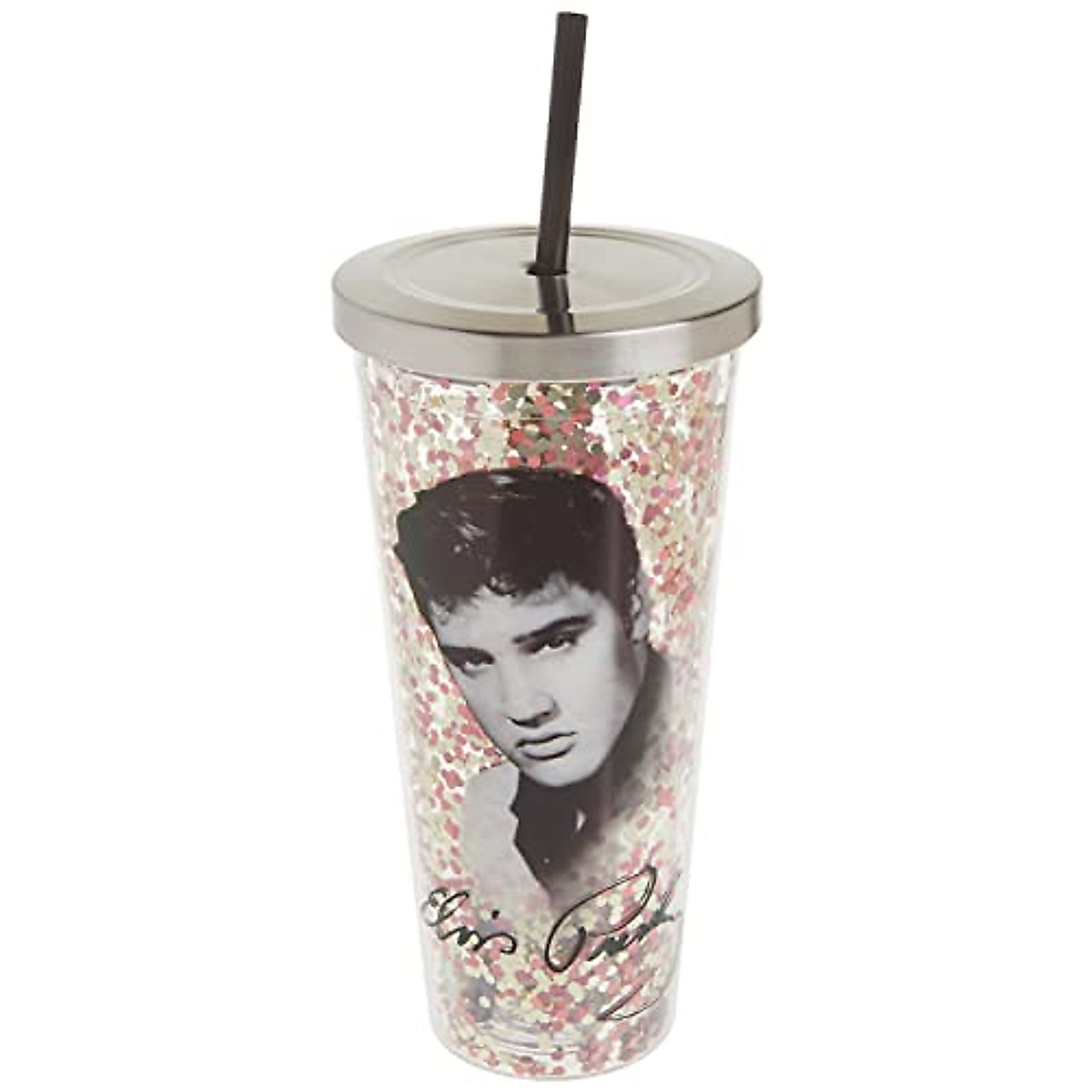Spoontiques - Glitter Filled Acrylic Tumbler - Glitter Cup with Straw - 20 oz - Stainless Steel Locking Lid with Straw - Double Wall Insulated - BPA Free - Elvis Presley