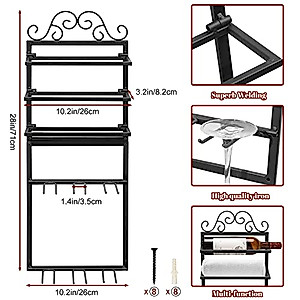 AUHOKY Wine Glass Rack Wall Mounted, 5 Layers Hanging Metal Wine Bottle Holder Organizer Holds 3 Bottles 6 Stemware Glasses, Wine Display Storage Holder for Kitchen Dining Room Bar Decor