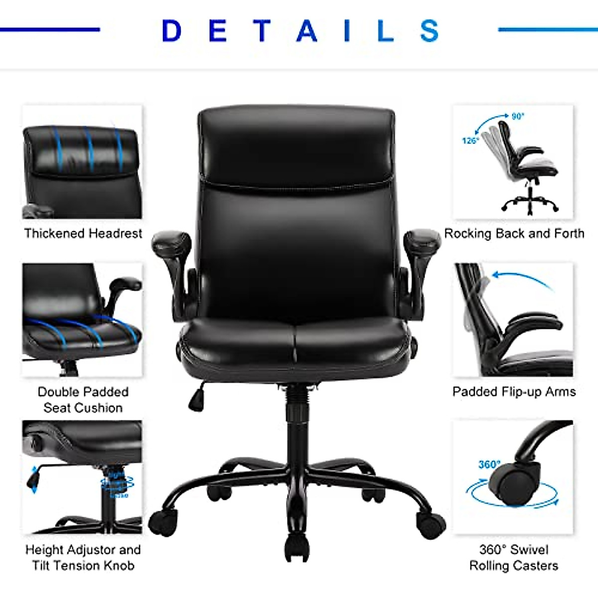 COLAMY, Executive Home Office Computer Desk, Ergonomic Leather Lumbar Support and Comfort, Adjustable Height and Tilt, Swivel Rolling Task Chair for Work, Study, Game (Black), 1 Set