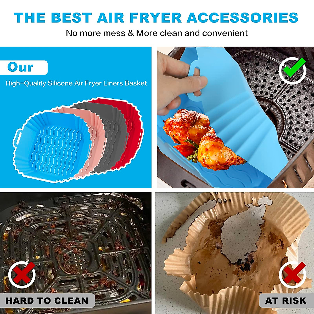 4 Pack Silicone Air Fryer Liners, Reusable Air Fryer Basket Bowl for 4 to 7 QT, Replacement of Flammable Parchment Paper, 8in Square Baking Tray Pots, Easy to Clean for Oven Accessories(4 Colors)