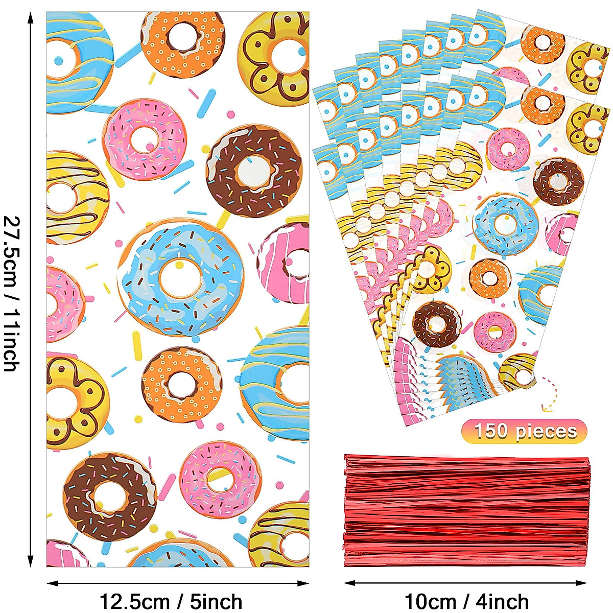 PerKoop 100 Pieces Donut Candy cellophane Bags Sweet Doughnut Treat favor Goodie Bags with 150 Pieces Twist Ties for Donut Birthday Party Supplies, 5 x 11 Inches