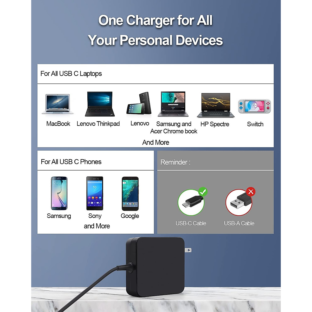 65W USB C Charger,PD Wall Power Adapter Compatible for MacBook Pro, Dell XPS, Chromebook, Lenovo, Huawei Matebook, HP Spectre, Acer and Any Laptops or Smart Phones with USB C