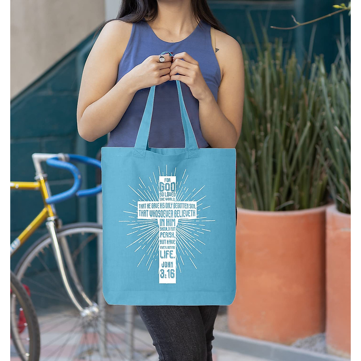 shop4ever John 3:16 Bible Verse Cross Christian Faith Eco Cotton Tote Reusable Shopping Bag 6 oz Turquoise 1 Pack